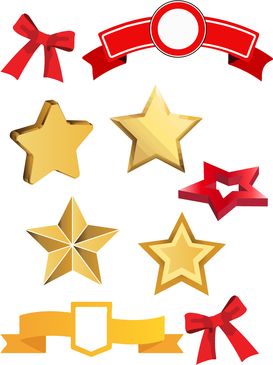 Red Yellow Pointed Star Ribbon Ai Vector Five Png And Clipart - Full ...