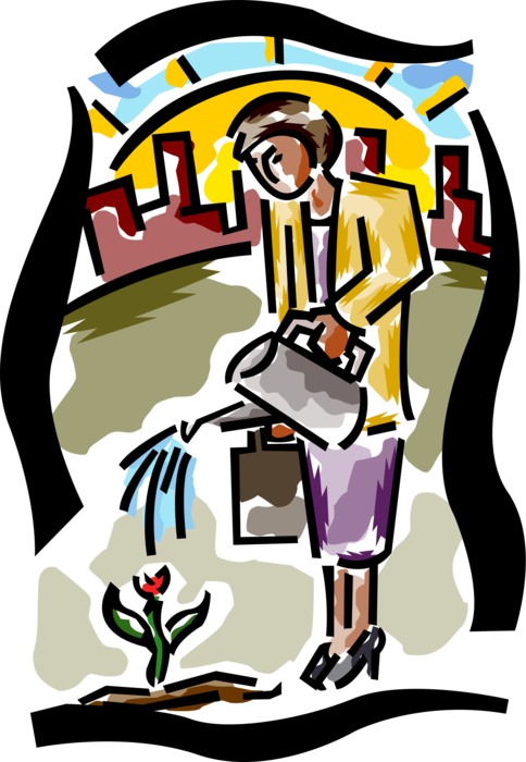 Vector Illustration Of Woman Watering Flower To Nurture Clipart - Full ...