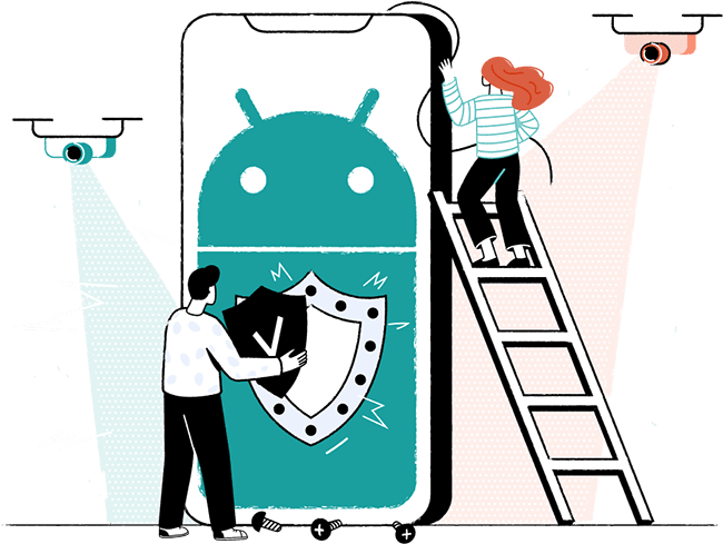 Android Logo On A Phone With Two Characters Installing - Cartoon ...