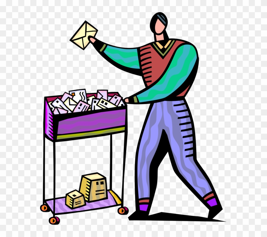 Vector Illustration Of Mailroom Office Worker Delivers - Mail Cart ...