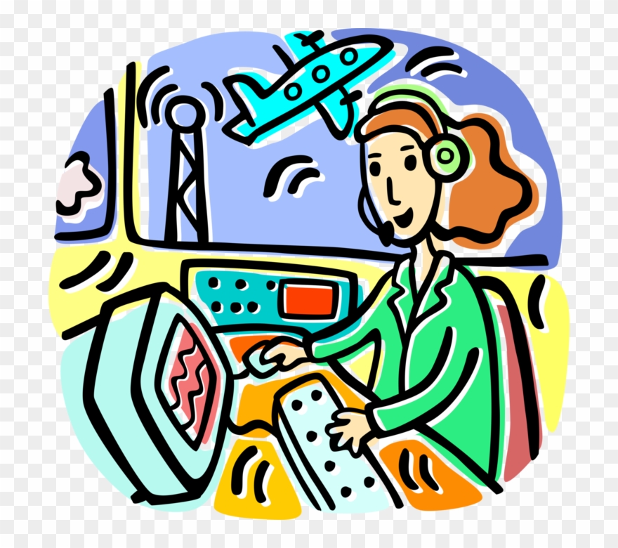 Vector Illustration Of Air Traffic Controller Monitoring - Clip Art ...